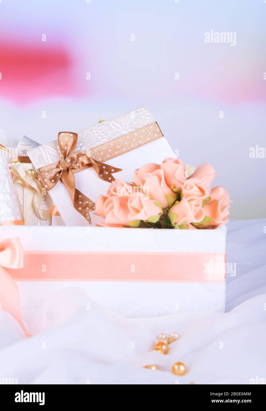 Beautiful handmade wedding cards in box, on light background Stock ...