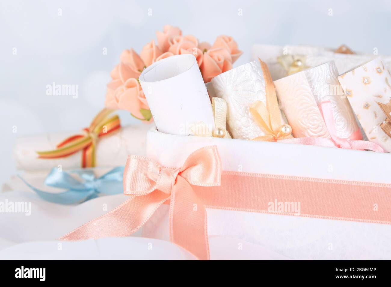 Beautiful handmade wedding cards in box, on light background Stock ...