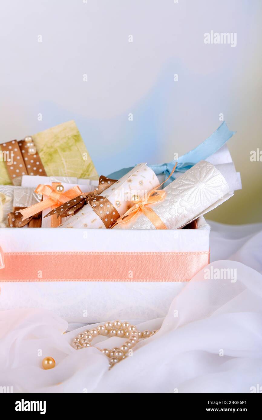 Beautiful handmade wedding cards in box, on light background Stock ...