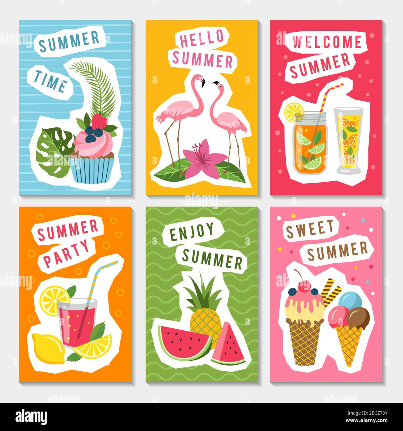 Vector summer party labels set with different tropical illustrations ...