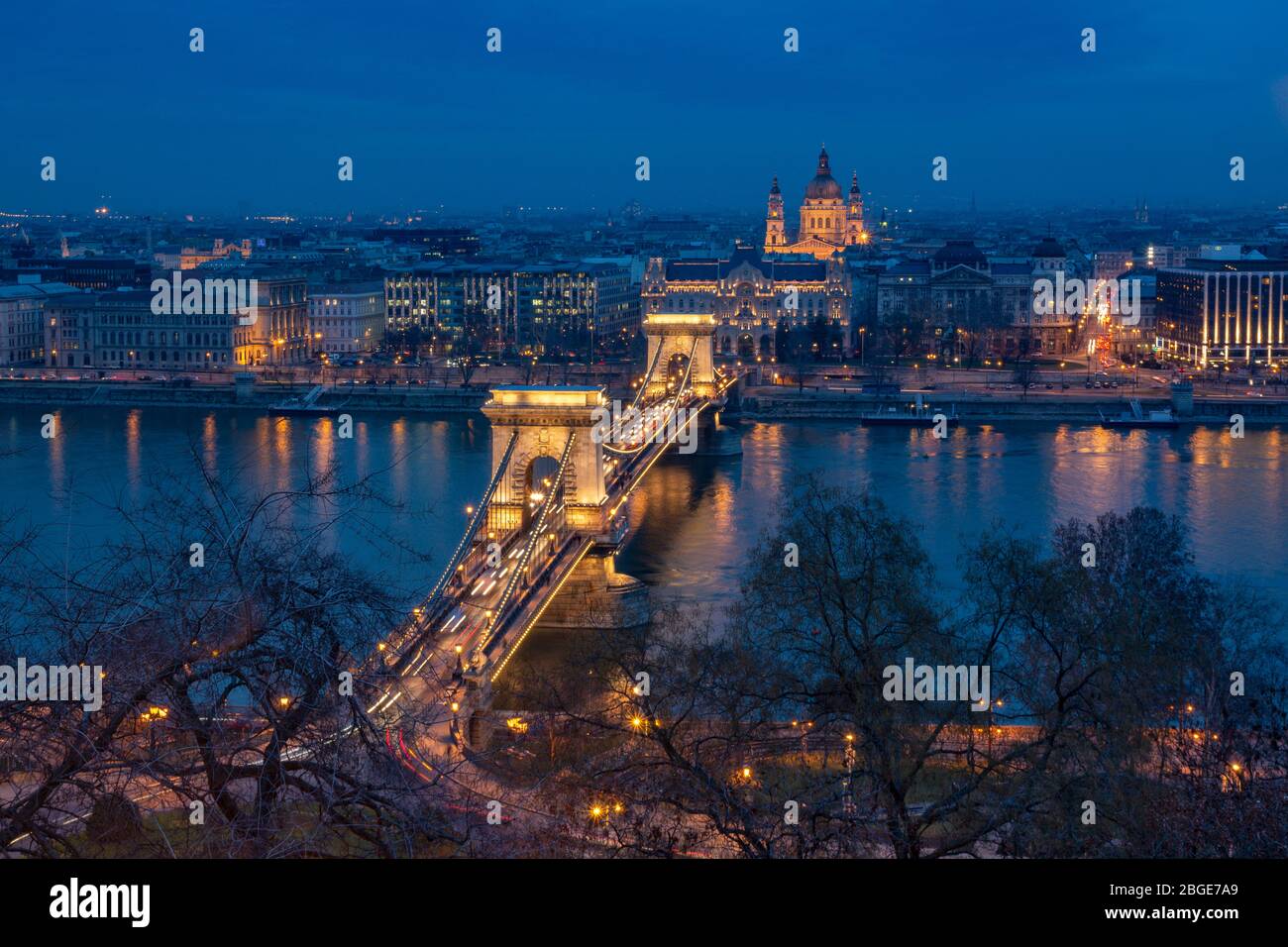 The Széchenyi Chain Bridge at night in Budapest, Hungary Stock Photo ...