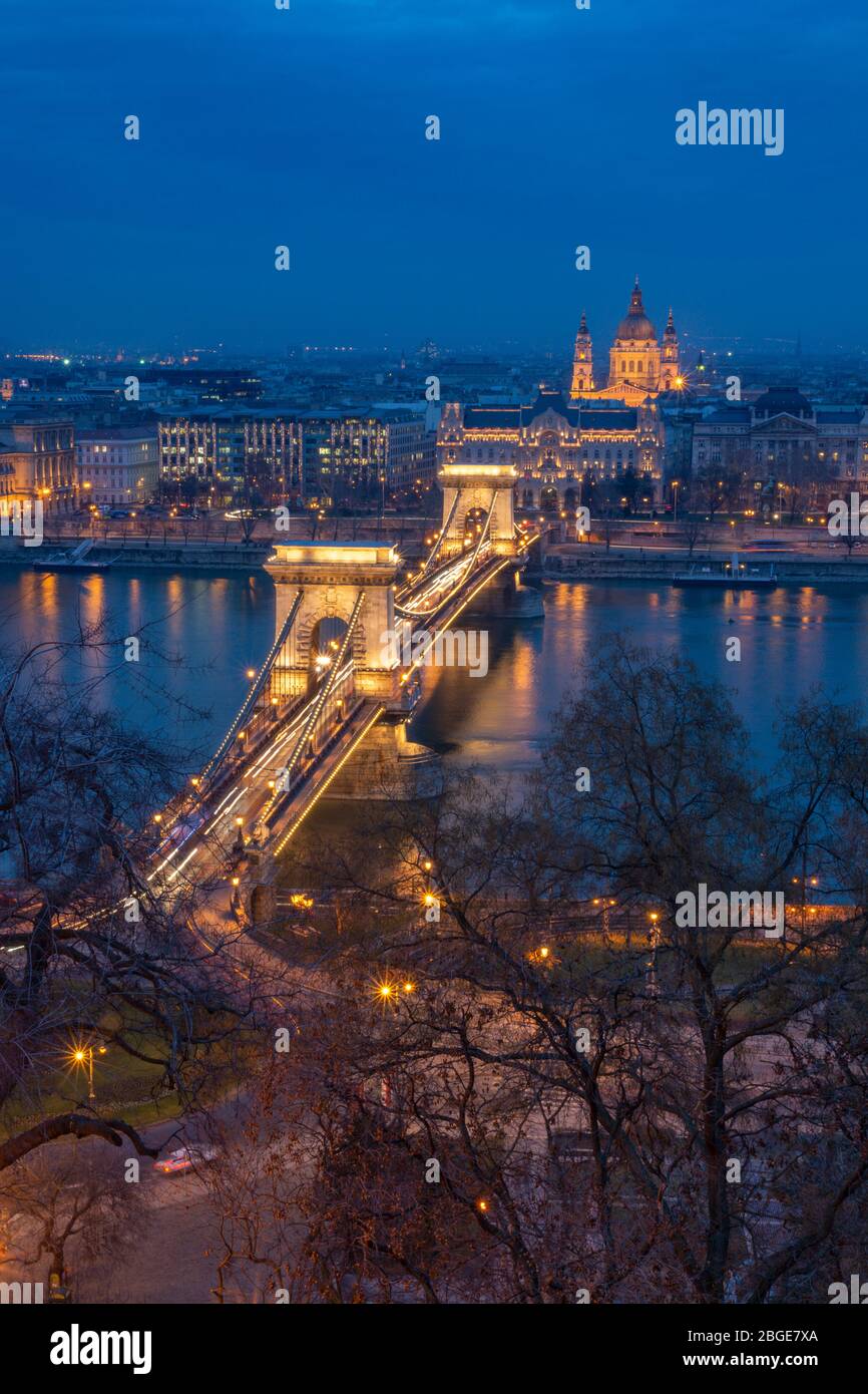 The Széchenyi Chain Bridge at night in Budapest, Hungary Stock Photo ...