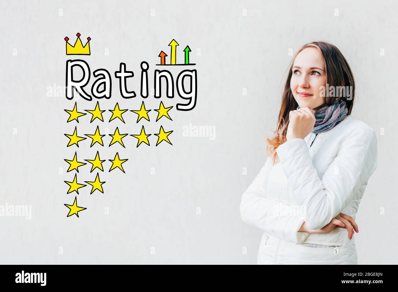 Rating concept - girl on a white background with icons and text. Close ...