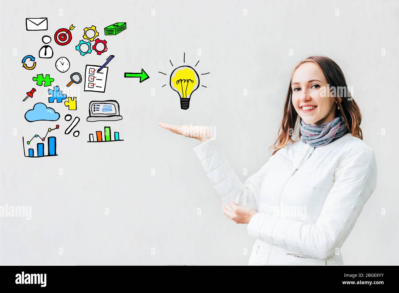 Idea generation concept - girl on a white background with icons and ...
