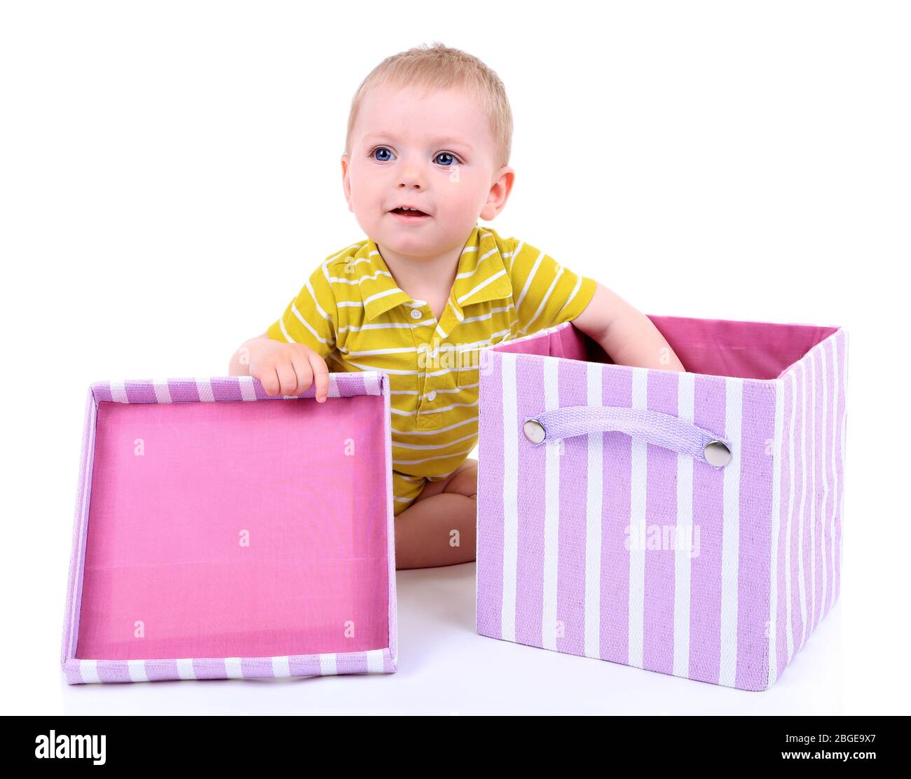 Cute little boy with textile box isolated on white Stock Photo - Alamy