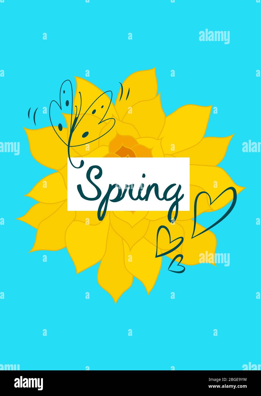 Vertical poster layout template with a big yellow spring flower, a ...