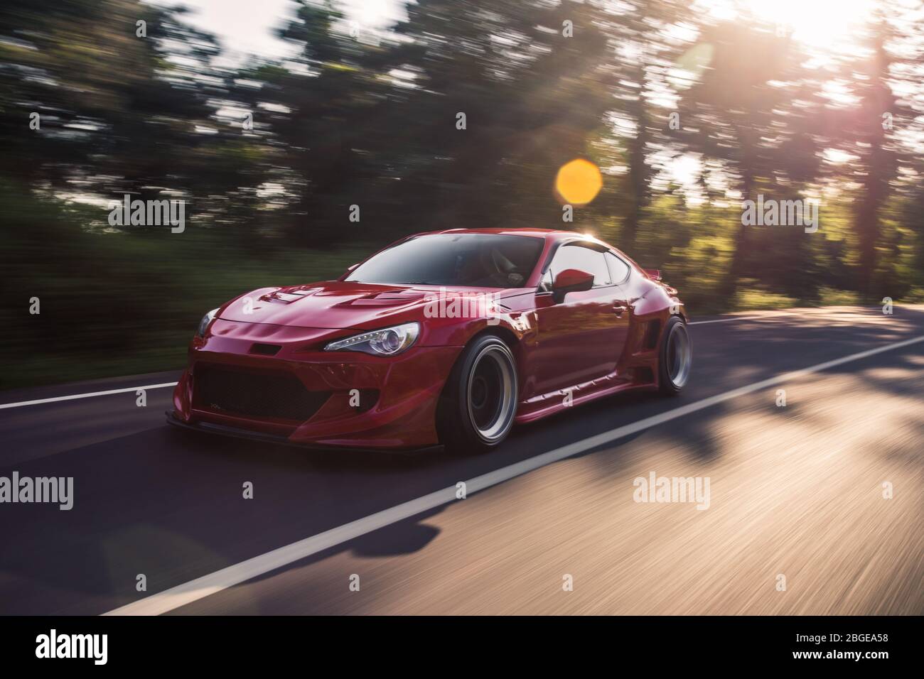Superpower red car racing in the forest road under the sunlight Stock ...