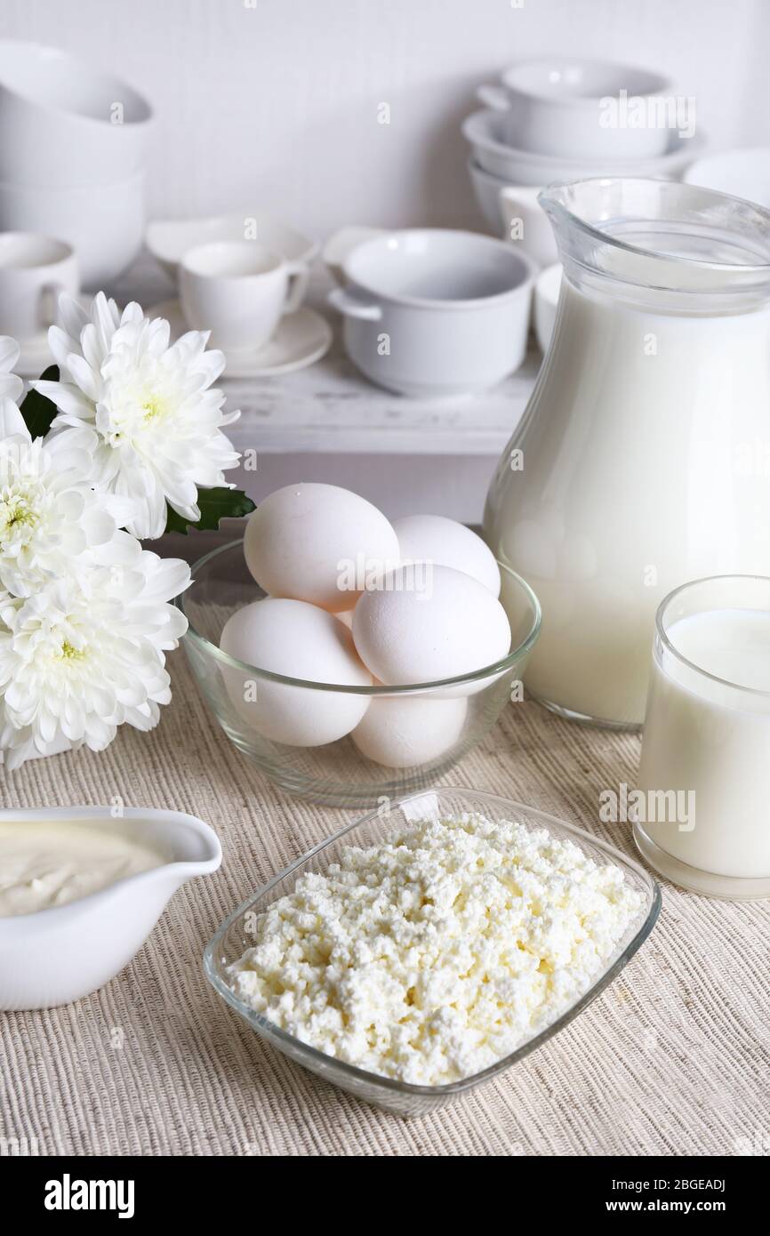 Still life with tasty dairy products on table Stock Photo - Alamy