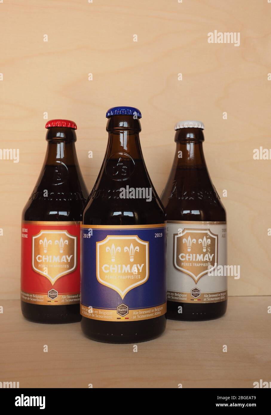 CHIMAY, BELGIUM - CIRCA APRIL 2020: Chimay blue red and white bottles ...