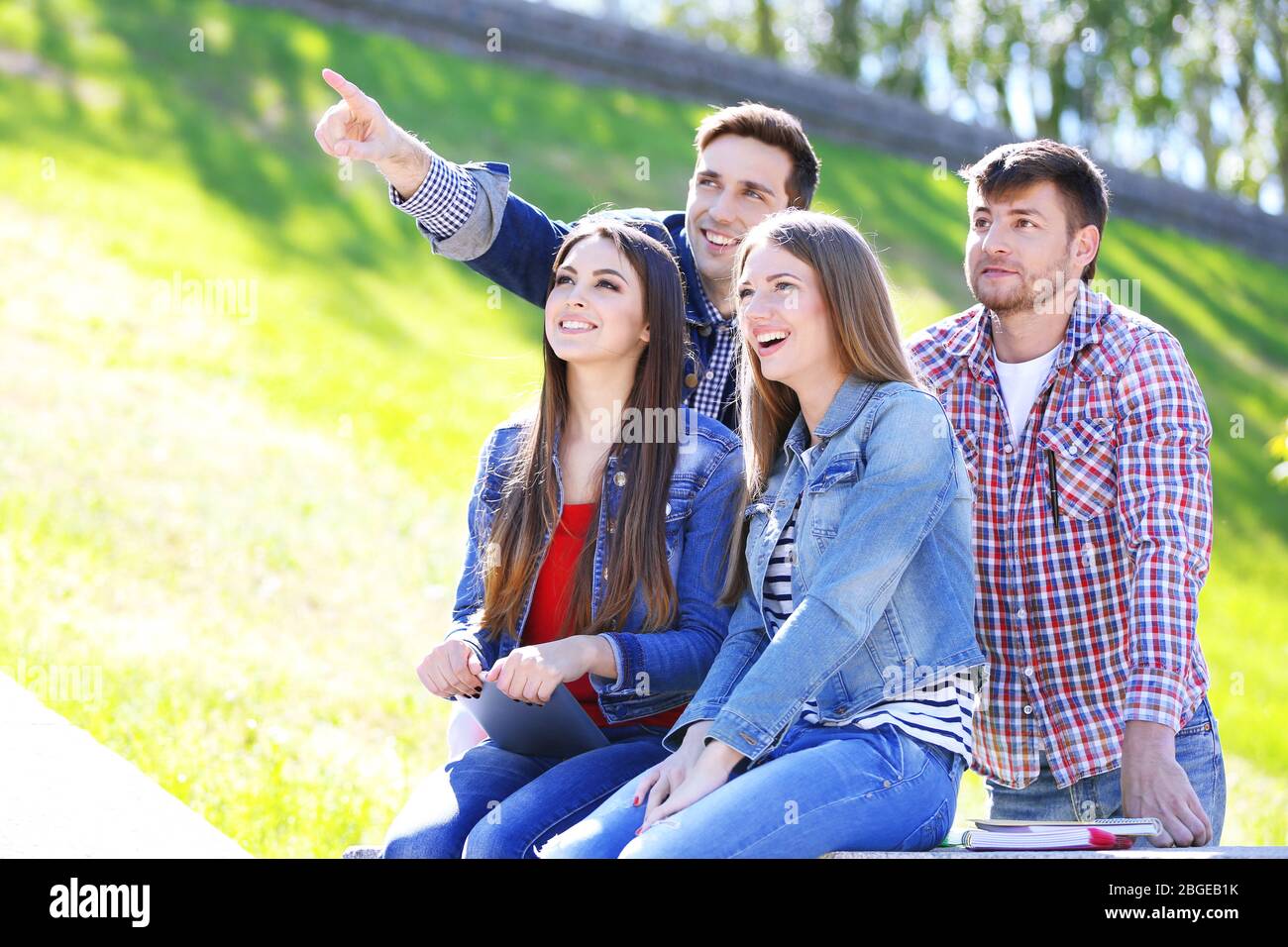 Happy students sitting in park Stock Photo - Alamy