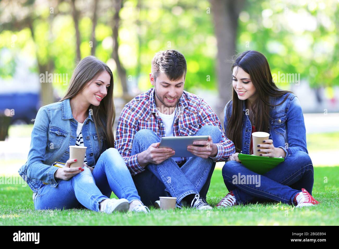 Happy students sitting in park Stock Photo - Alamy