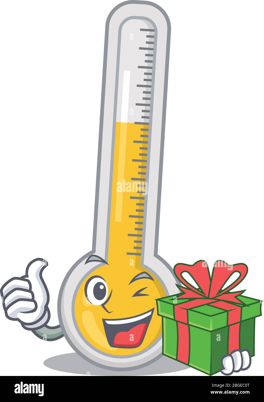 Smiling warm thermometer cartoon character having a green gift box ...