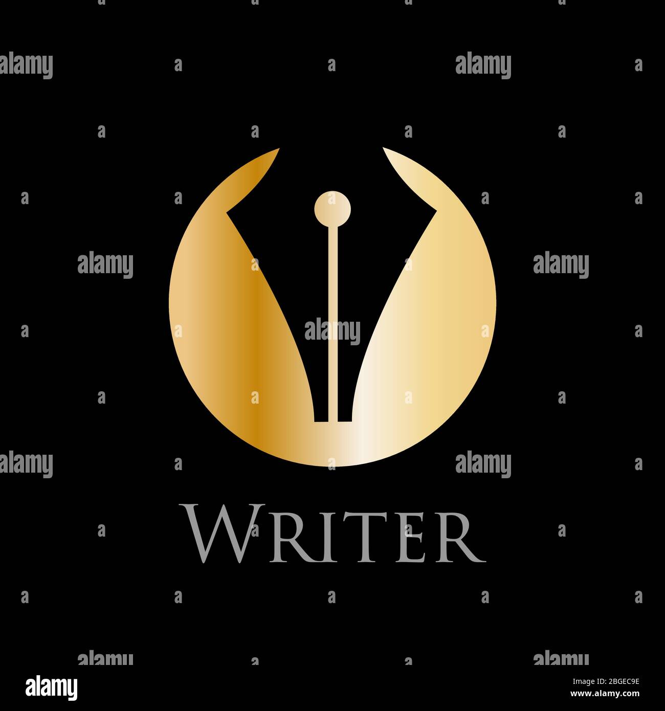 Vector logo writer. Fountain pen into golden circle on black background ...