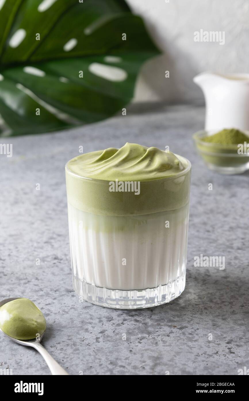 Dalgona Iced Matcha latte with creamy whipped matcha. Tasty viral drink ...