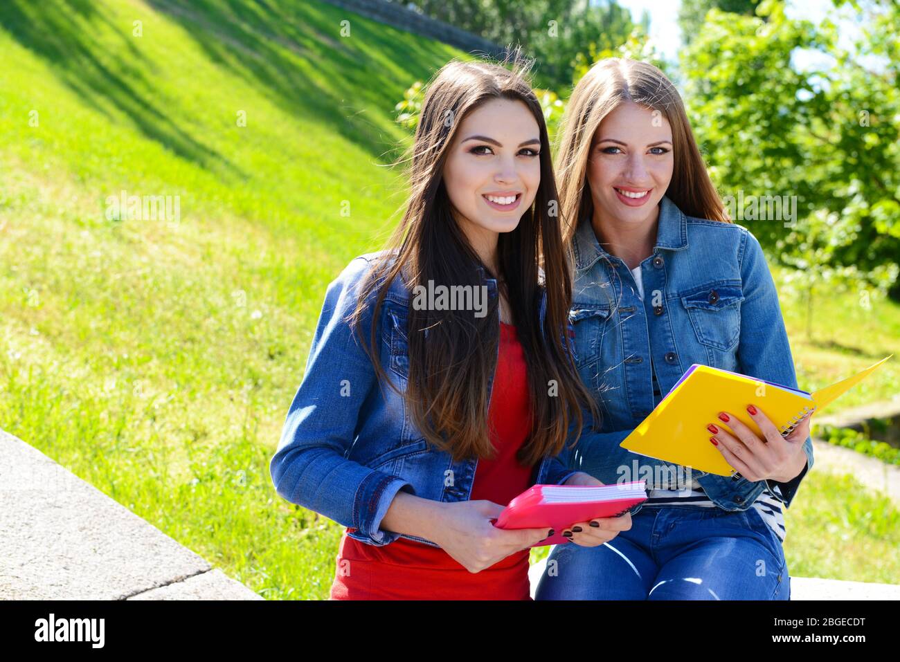 Happy students sitting in park Stock Photo - Alamy