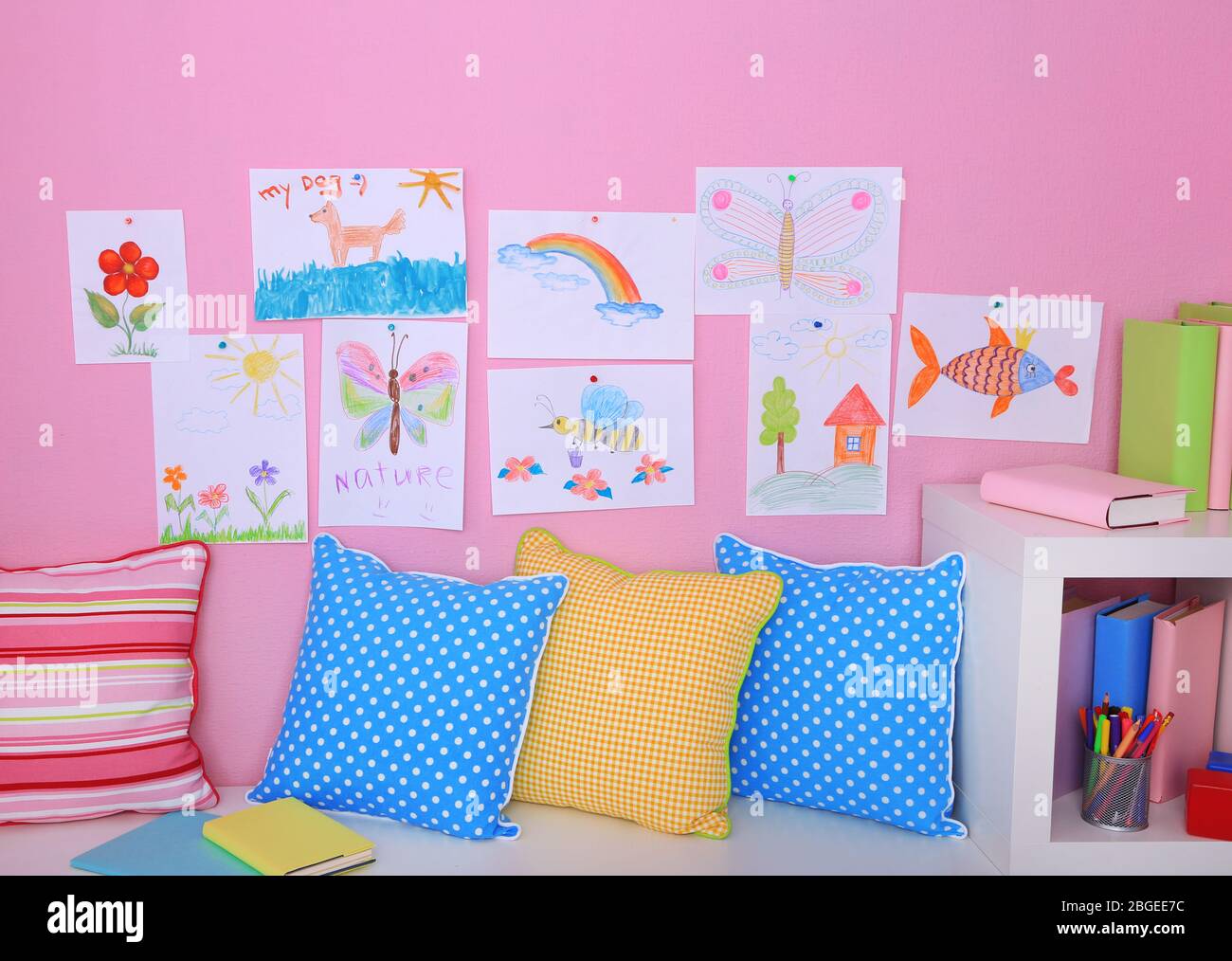 Interior of classroom in pink tones at school Stock Photo - Alamy