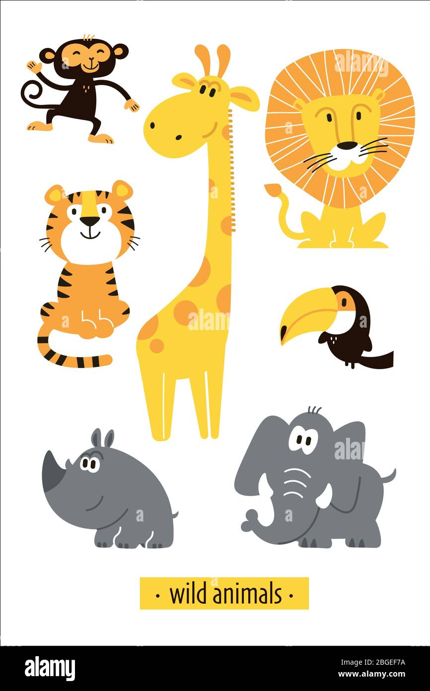 Animals set. Cartoon Monkey, giraffe, lion, hippo, elephant, tiger ...