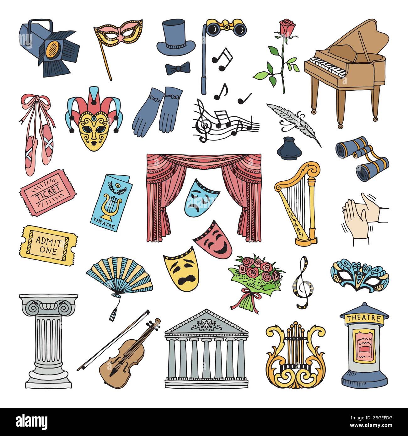 Colored symbols of theatre. Ballet and opera vector icons set isolate ...