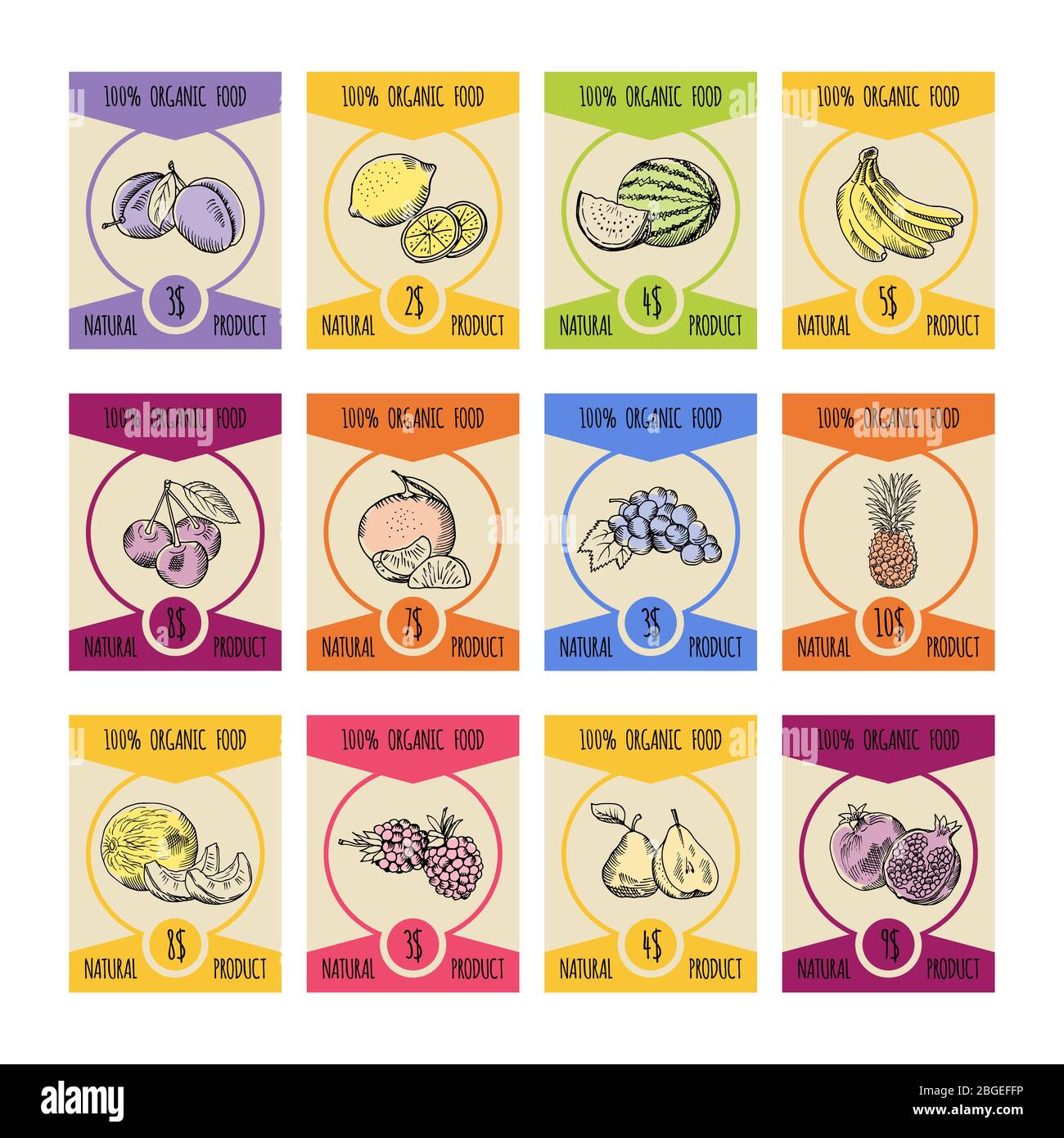 Price cards with different fruits illustrations in hand drawn style ...