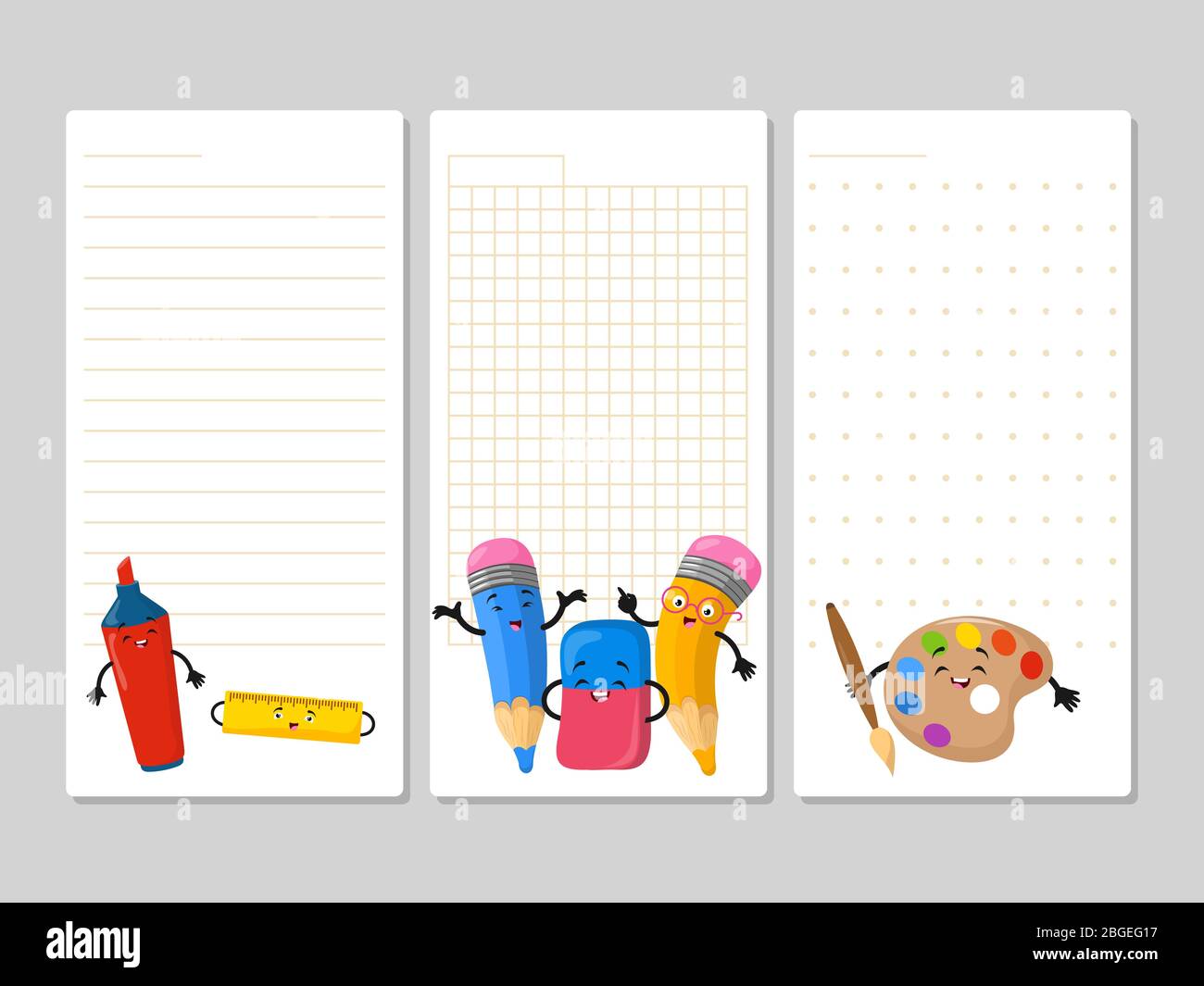 Notepad pages with cute cartoon pencils eraser marker. Notebook page ...