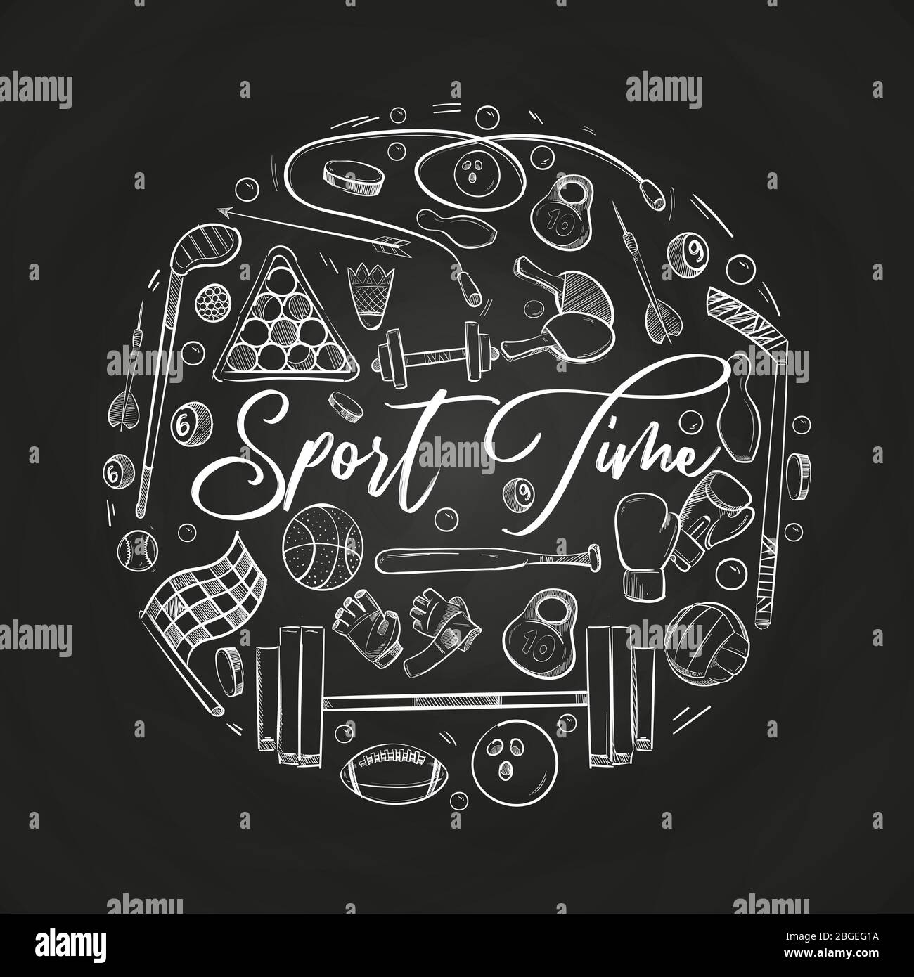 Hand drawn sports things vector illustration isolated on black board ...