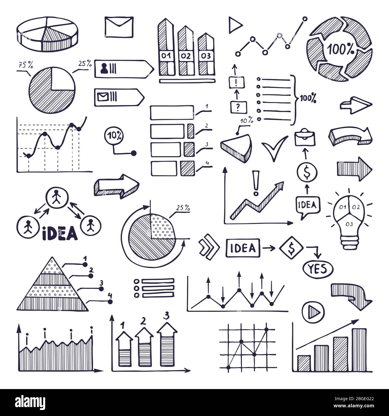 Pie graph, graphics and charts. Business illustrations in hand drawn ...