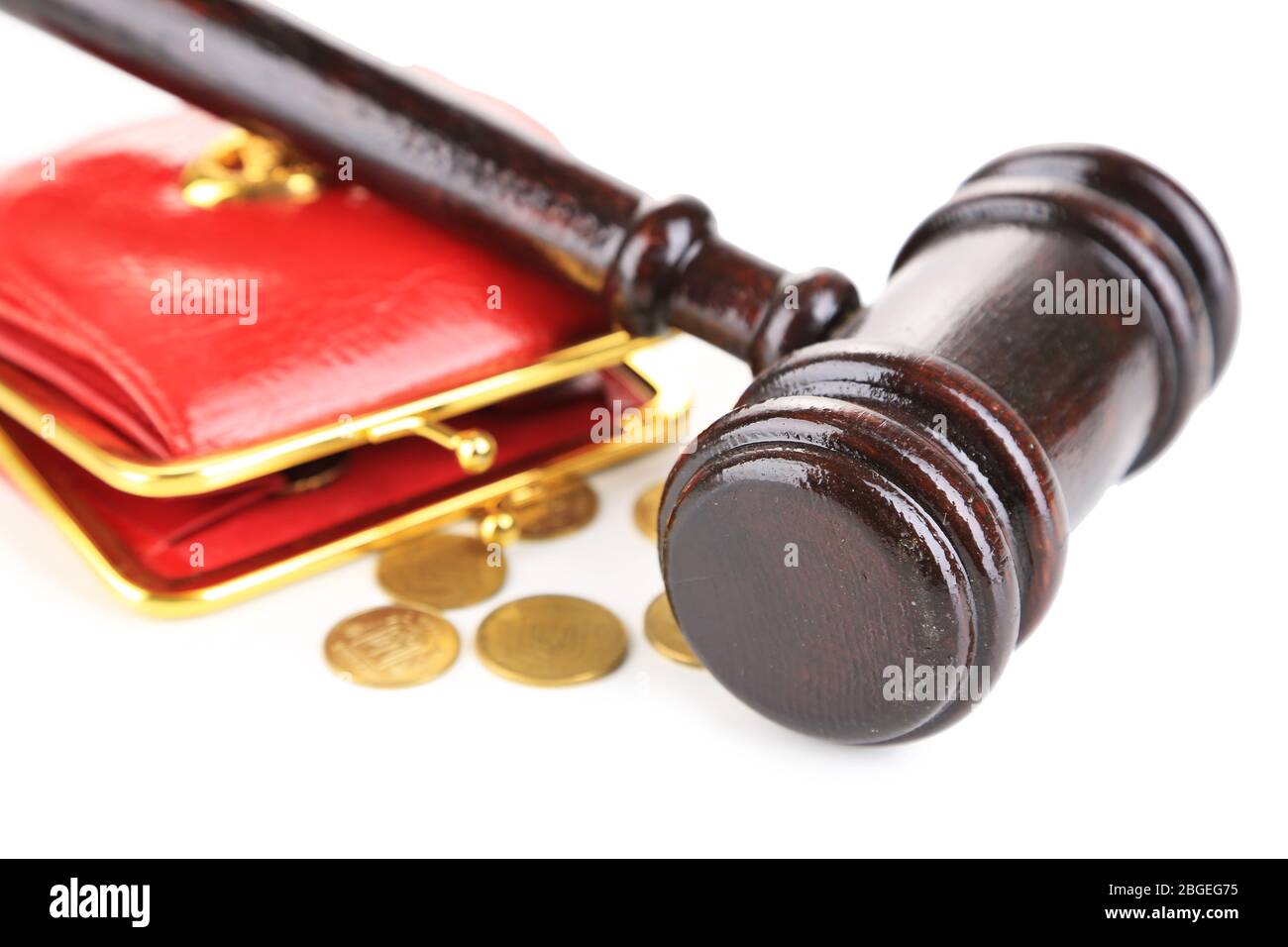 Gavel and money coins isolated on white Stock Photo - Alamy