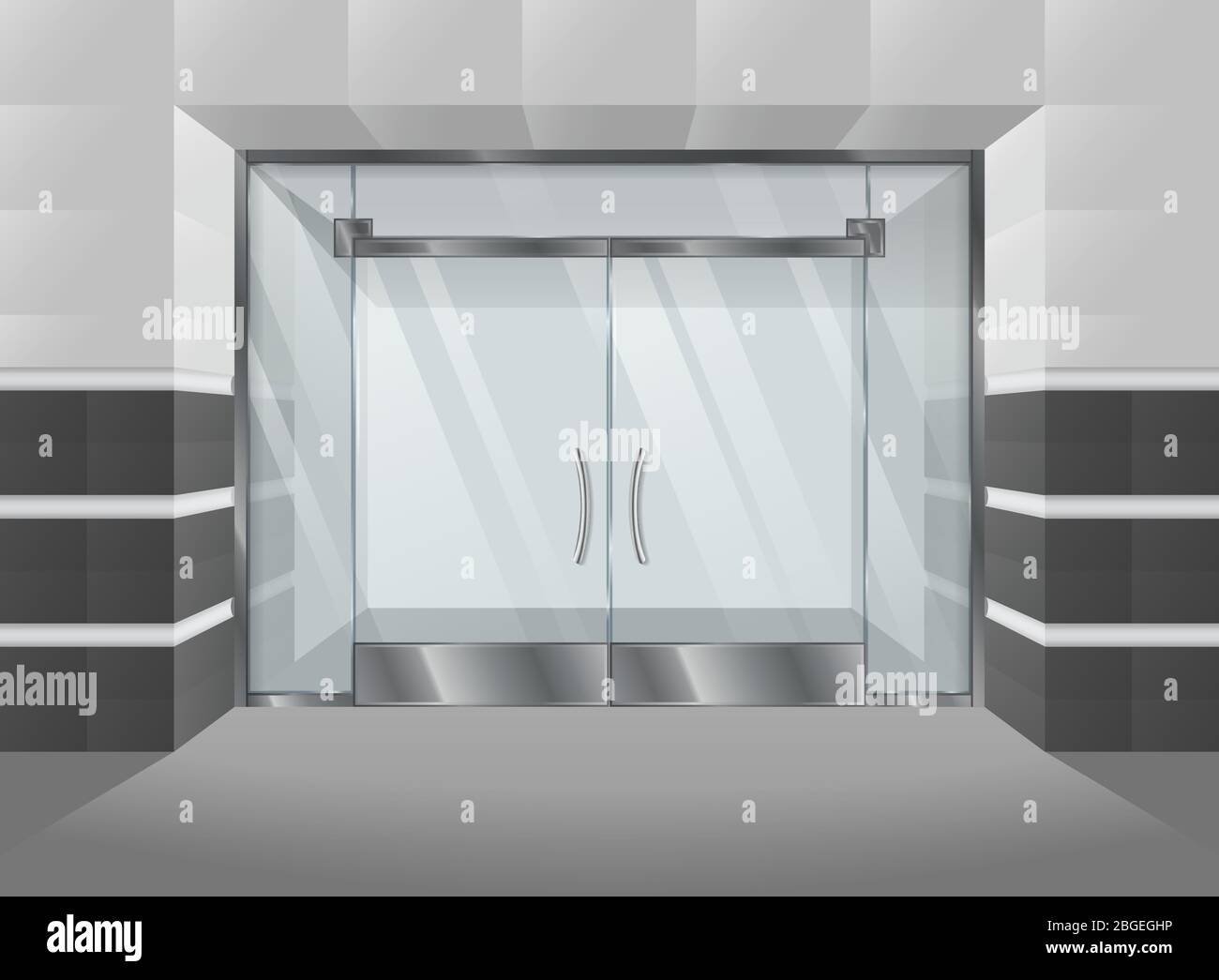 Realistic facade of shopping mall with glass doors and windows. Vector ...