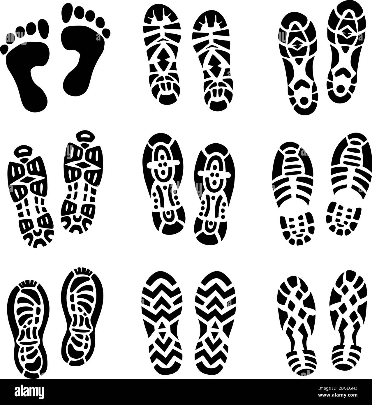 Monochrome set of running shoes and human legs footprint isolated ...