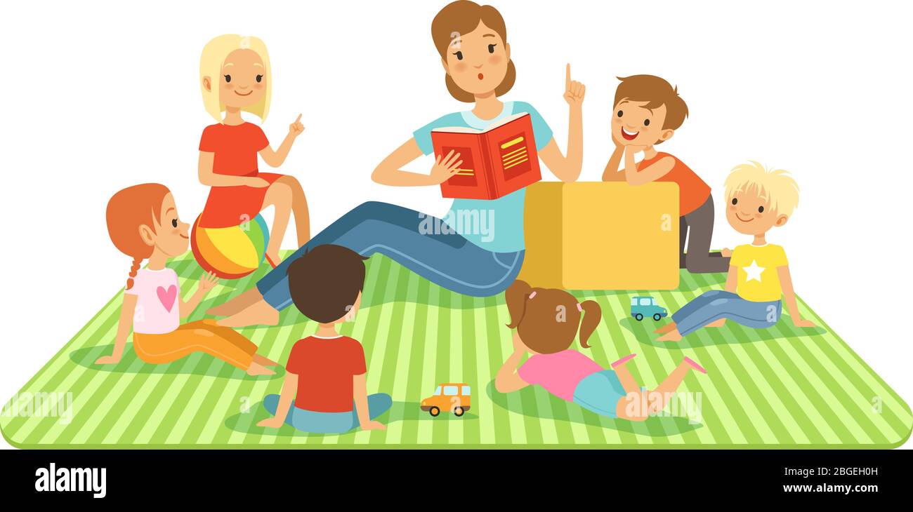 Teacher and kids in big classroom at lesson. Childrens sitting at their ...