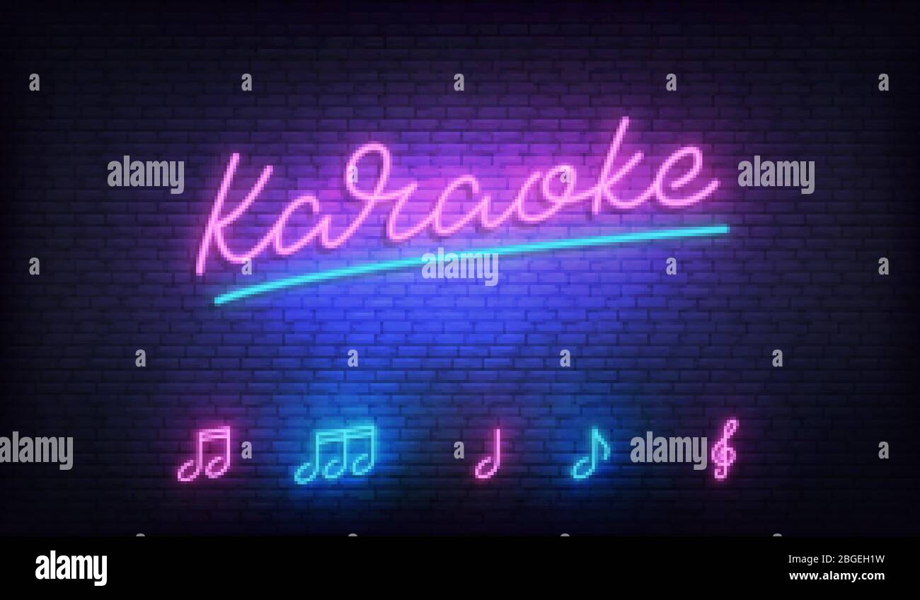 Karaoke neon template. Neon sign with Karaoke lettering and music notes ...