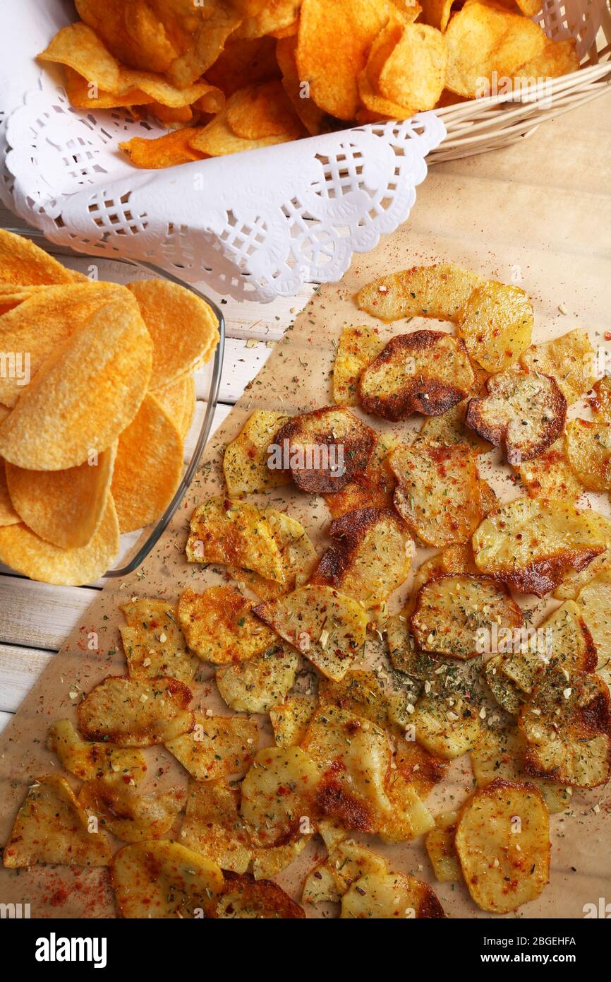 Homemade potato chips on table, close up Stock Photo - Alamy