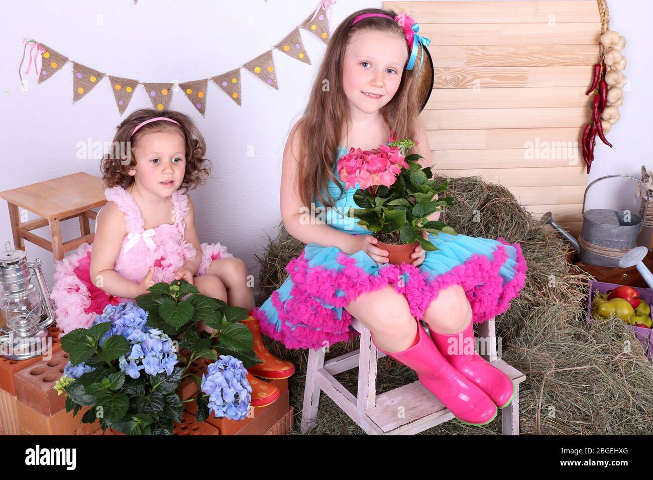 Beautiful small girls in petty skirts holding flowers on country style ...