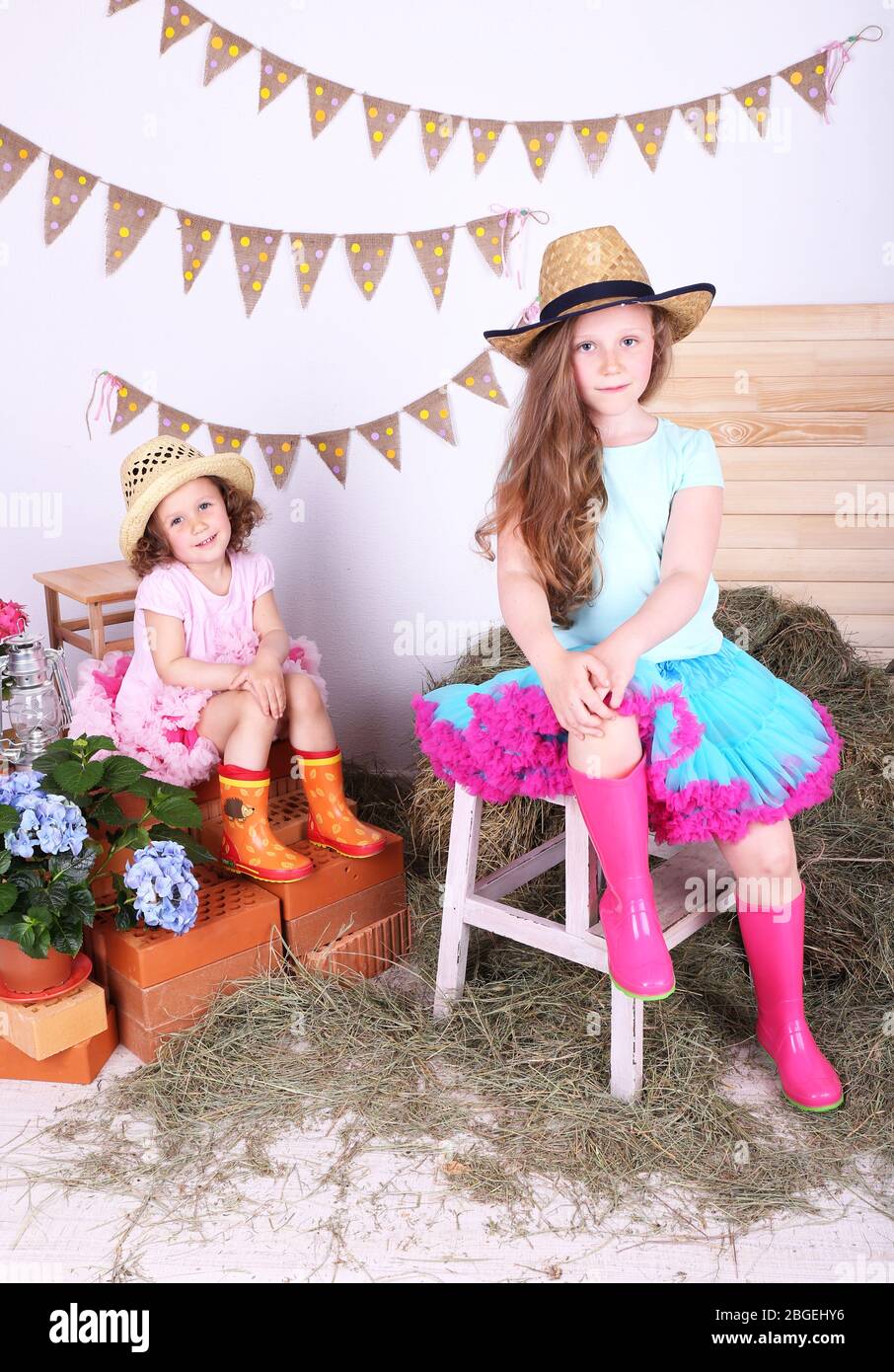 Beautiful small girls in petty skirts on country style background Stock ...