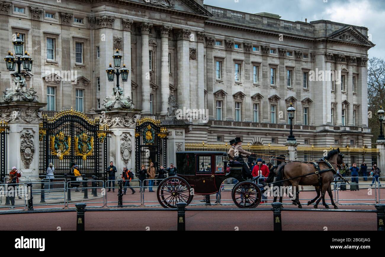 A carriage with two horese in Buckingham Palace,London,UK. Queen's ...