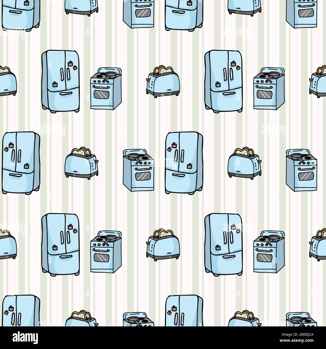 Cute refrigerator and stove seamless vector pattern. Hand drawn kitchen ...