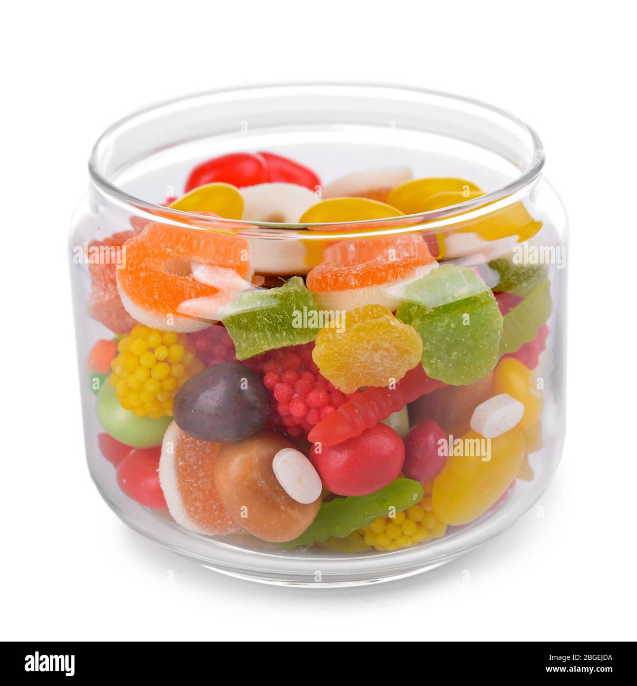 Different colorful fruit candy in jar isolated on white Stock Photo - Alamy