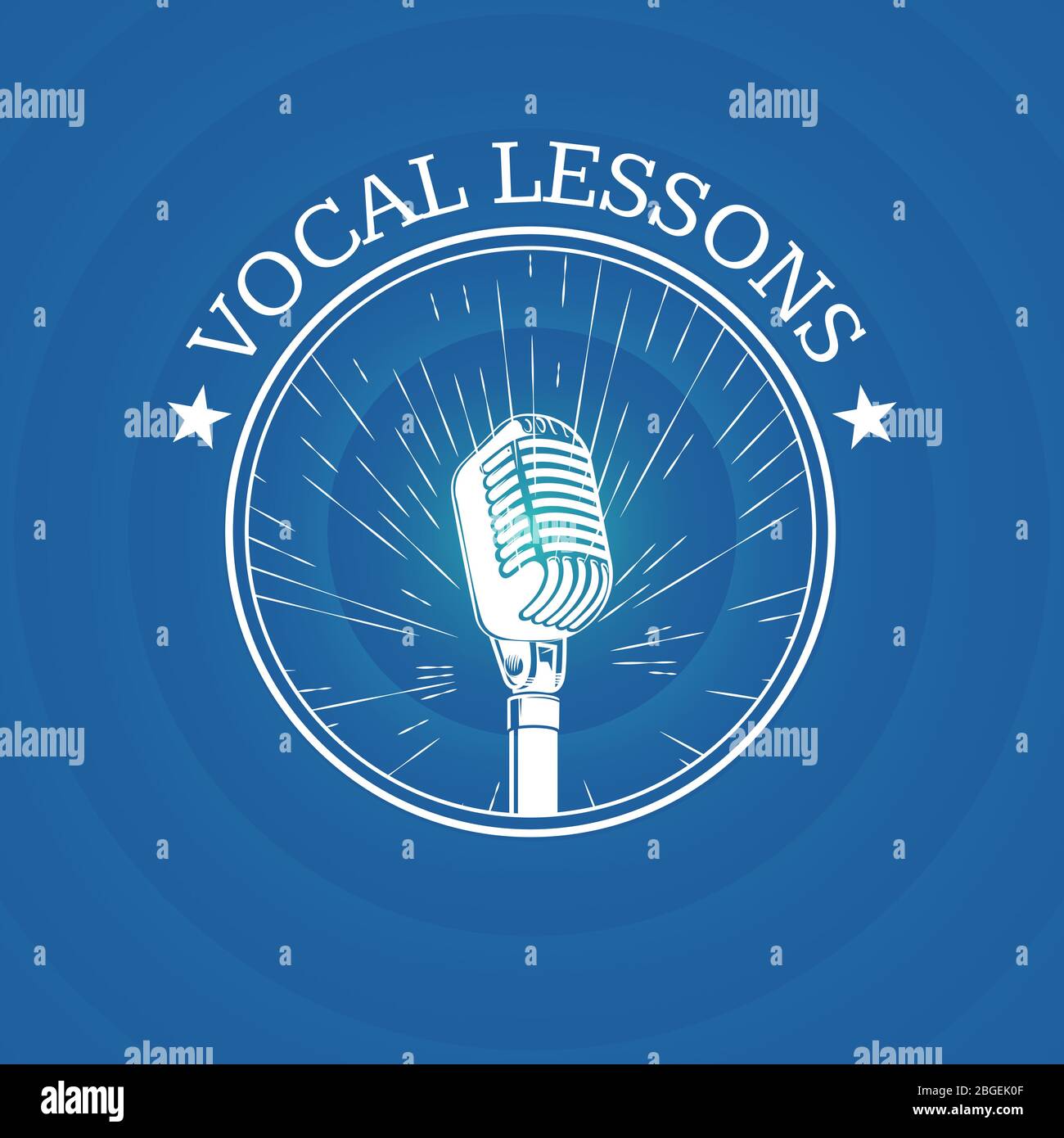 Vector vocal lessons logo with retro microphone on vintage sunburst ...