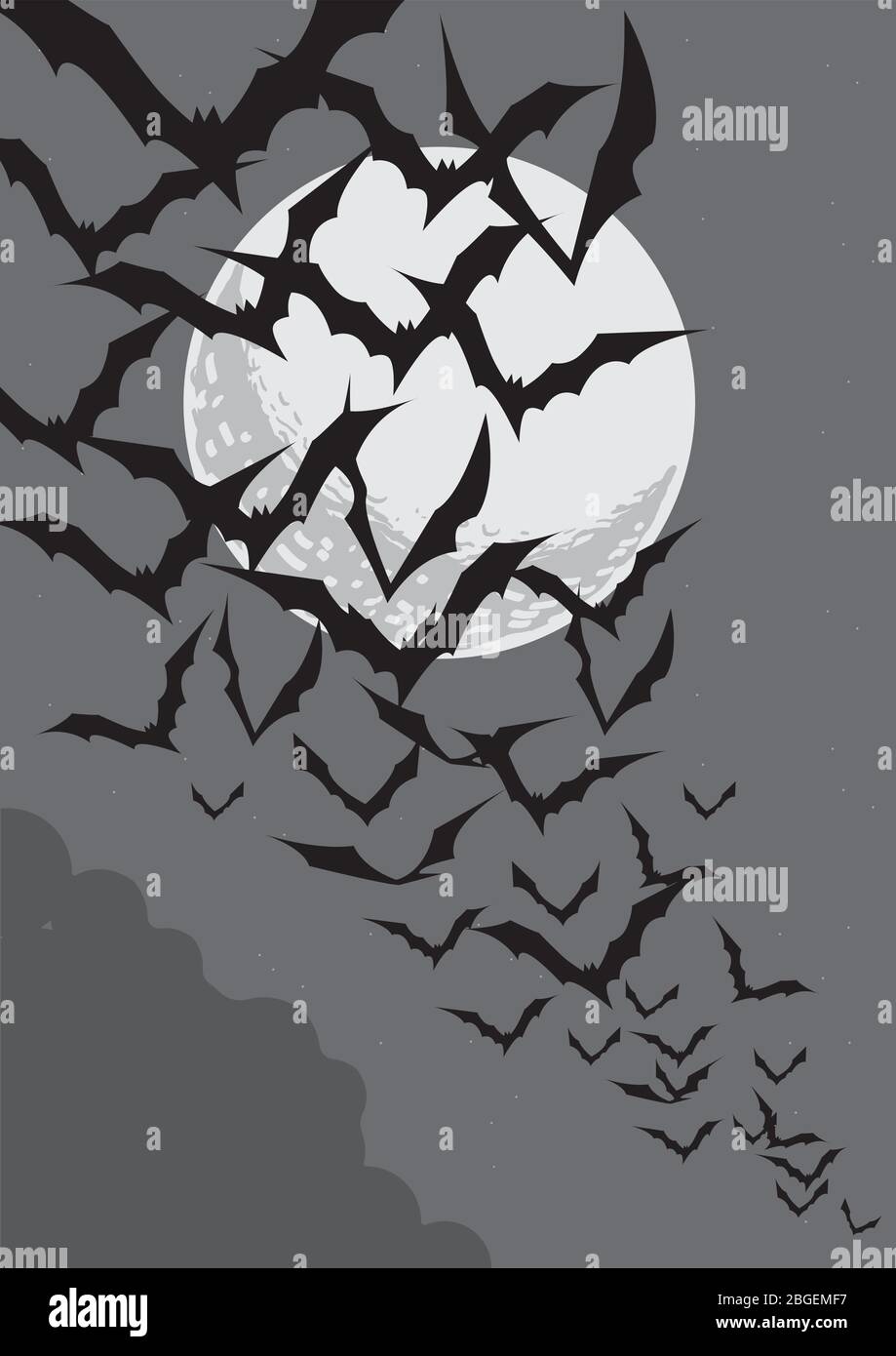 Vector illustration in greyscale of bats swarming out in the night in ...