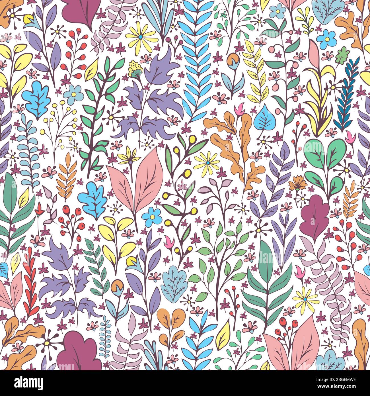 Colorful floral seamless pattern, doodle cartoon drawn flowers, exotic ...