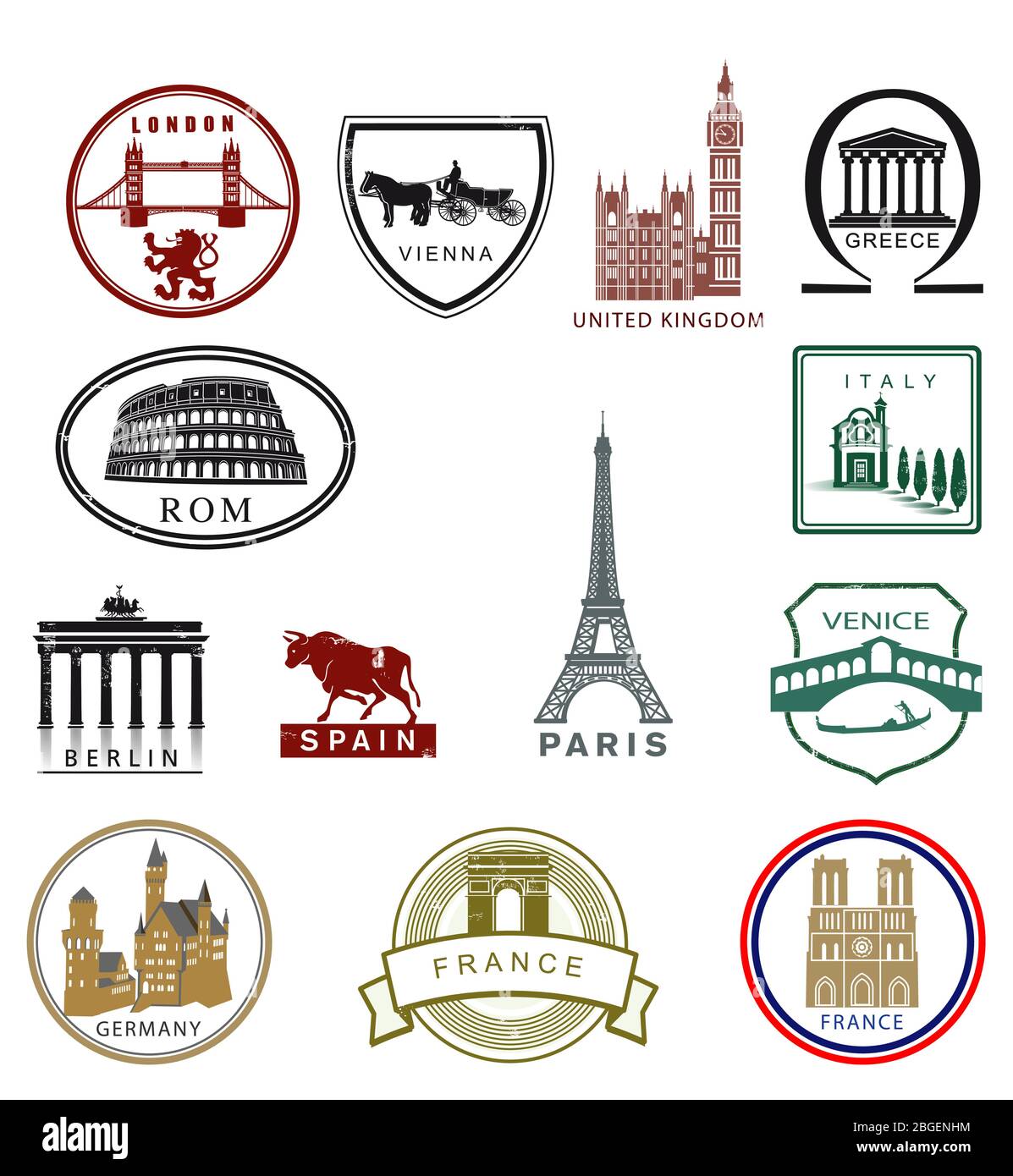Europe landmarks, travel destinations coat of arms Stock Vector Image ...