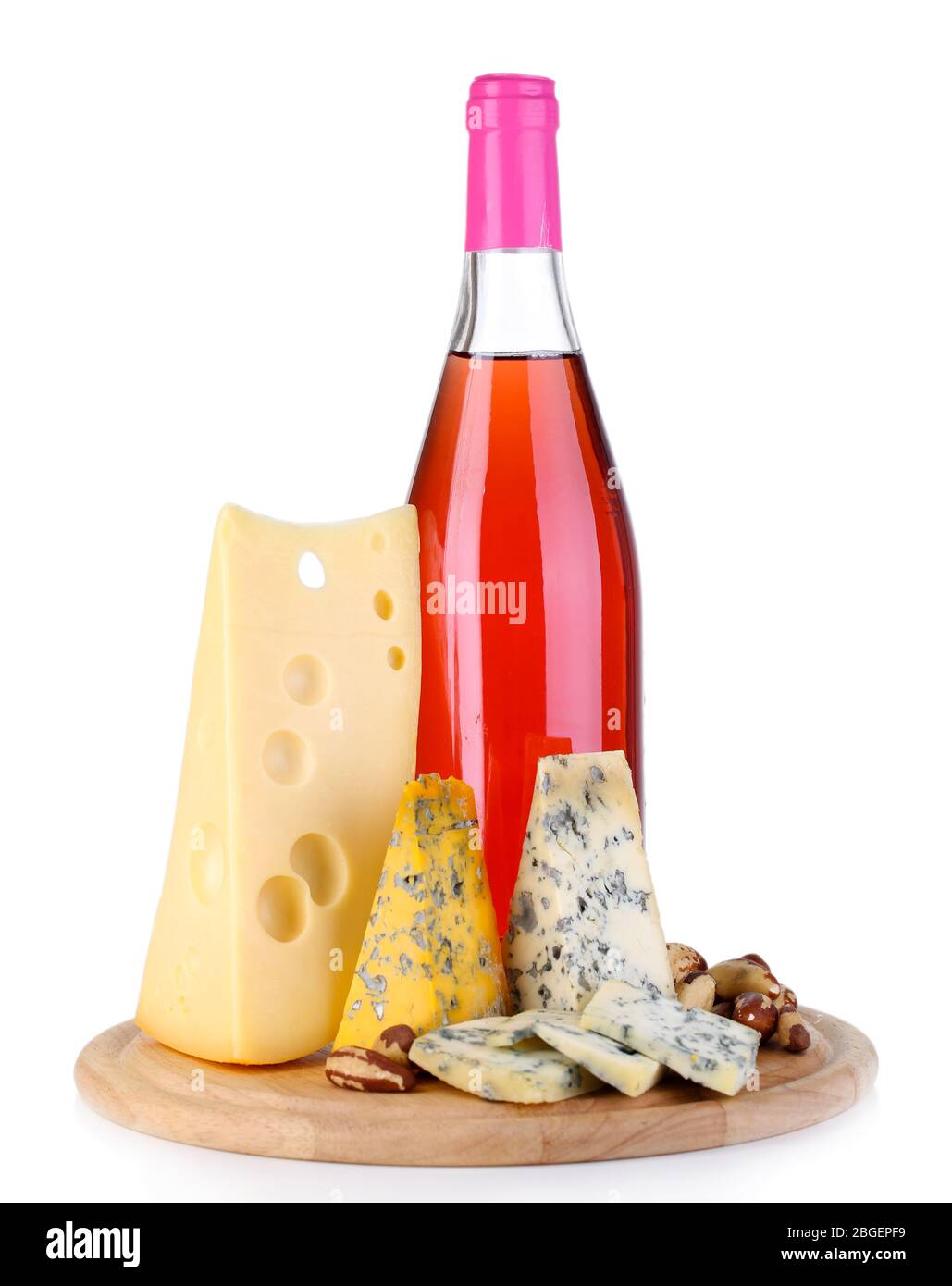 Pink wine and different kinds of cheese isolated on white Stock Photo ...