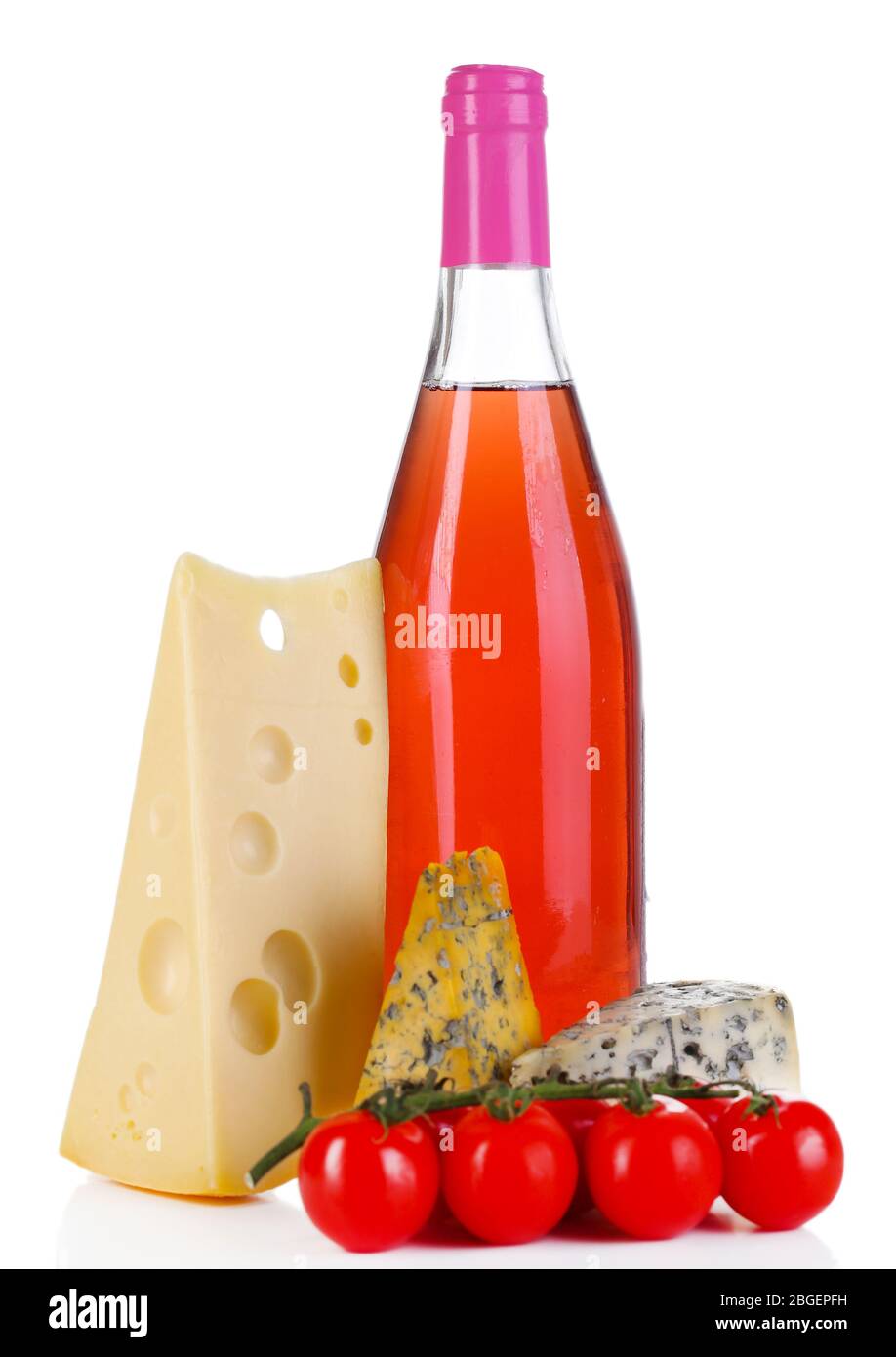 Pink wine and different kinds of cheese isolated on white Stock Photo ...