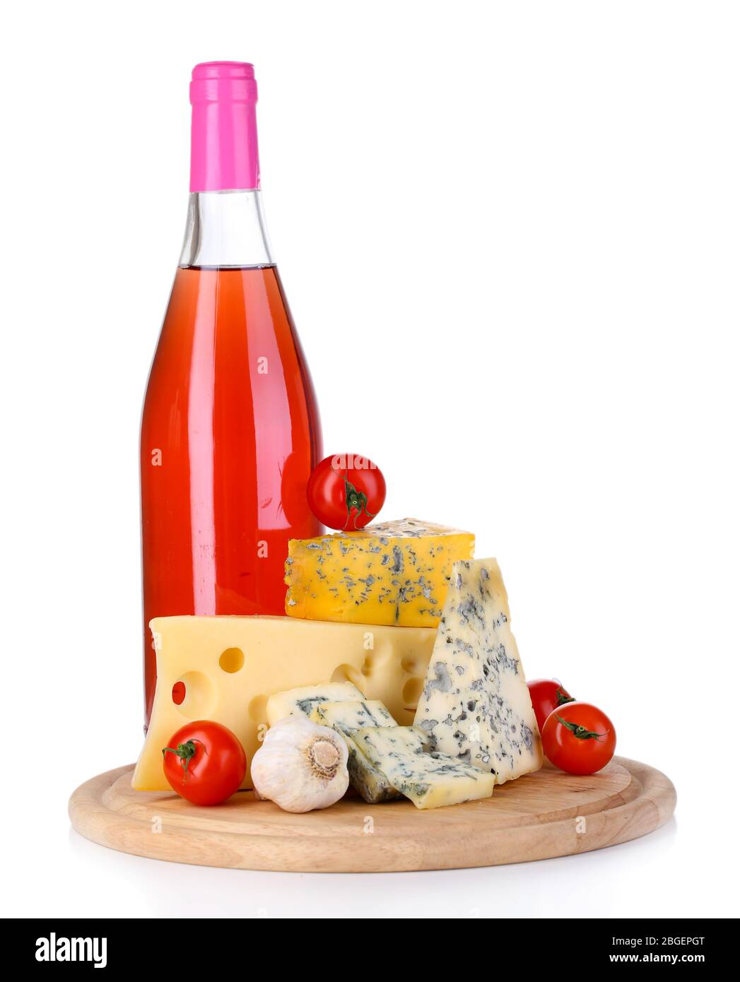 Pink wine and different kinds of cheese isolated on white Stock Photo ...