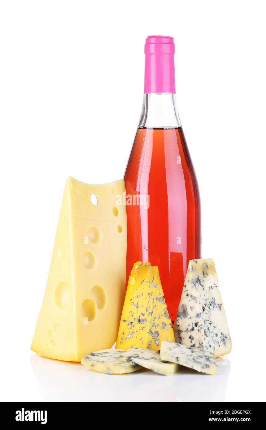 Pink wine and different kinds of cheese isolated on white Stock Photo ...