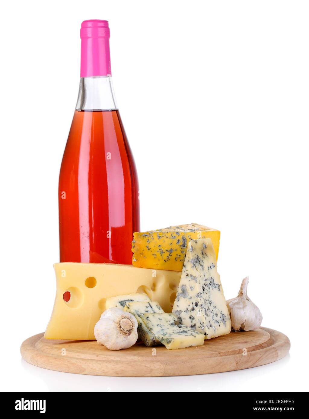 Pink wine and different kinds of cheese isolated on white Stock Photo ...