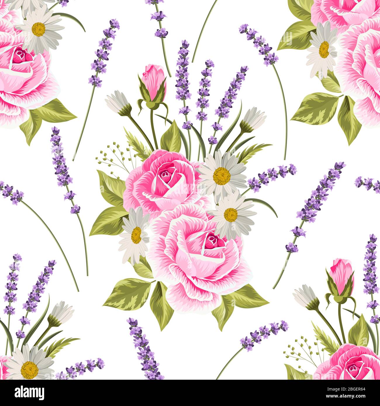 Seamless floral pattern with pink roses and lavenders on white ...