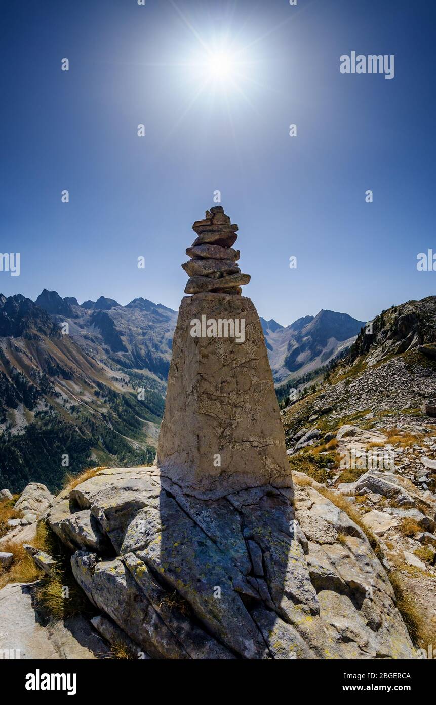 stone column on the top of a mountain path in Maritime Alps Park, Italy ...
