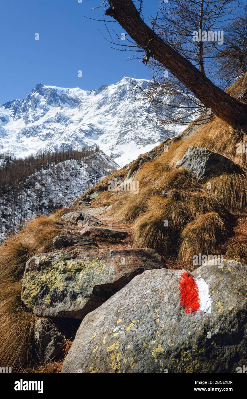 Mountain hiking path trough the massif of the Monte Rosa (Piedmont ...
