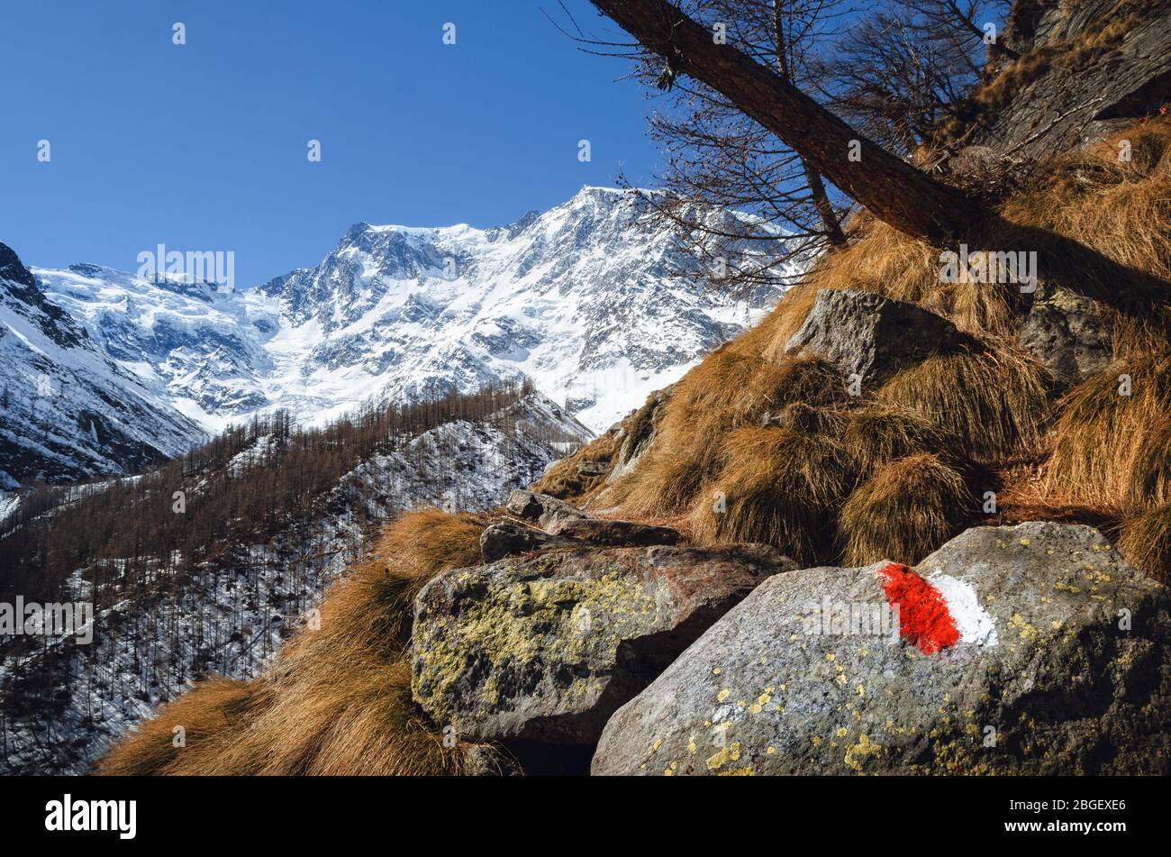 Mountain hiking path trough the massif of the Monte Rosa (Piedmont ...